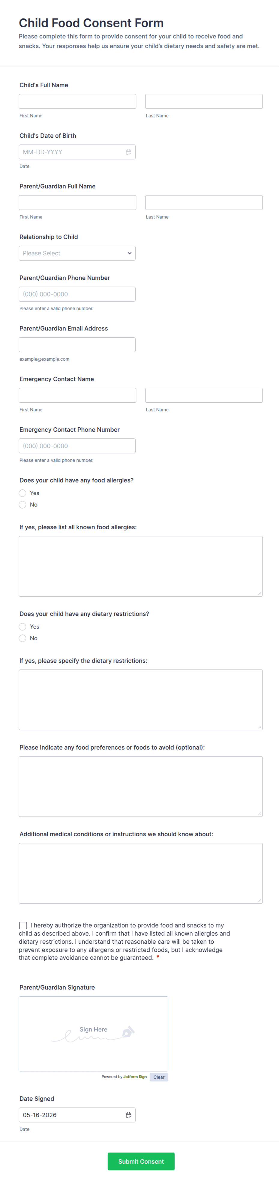 Child Food Consent Form Template | Jotform