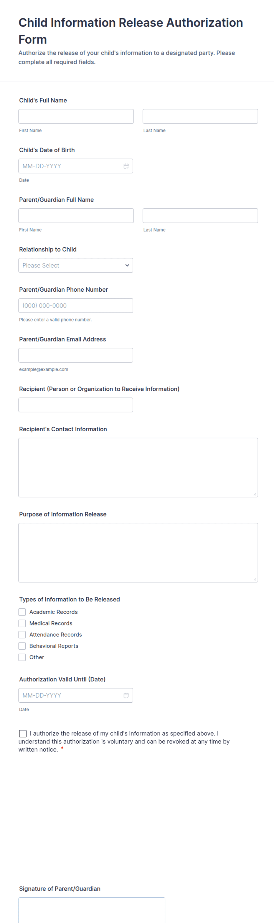 Child Information Release Authorization Form Template | Jotform