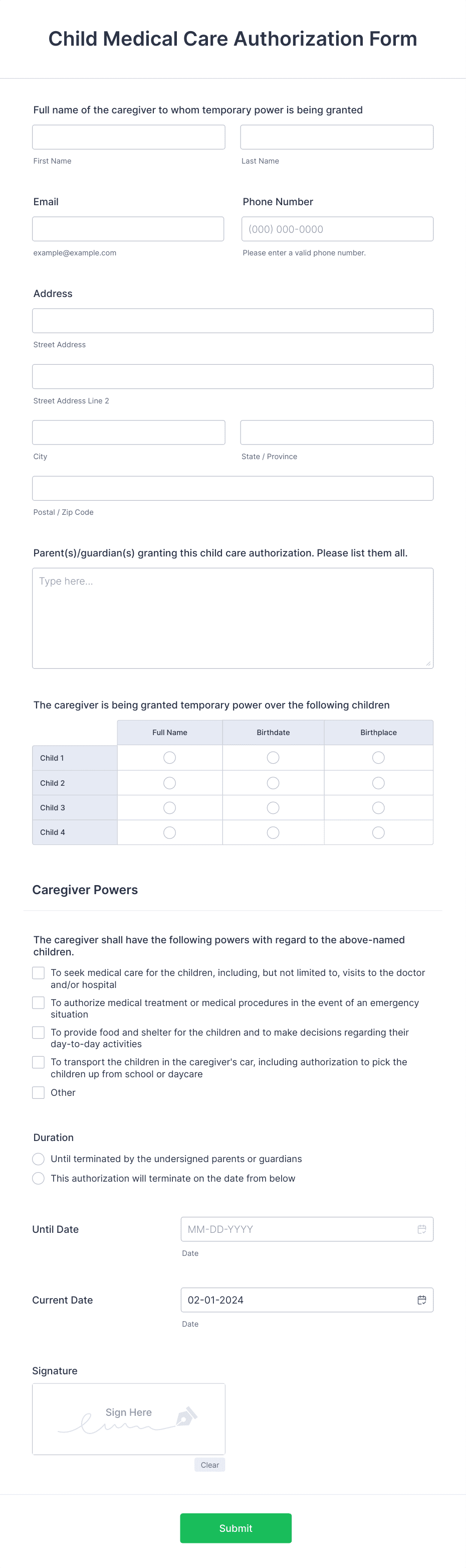 Child Medical Care Authorization Form Template | Jotform