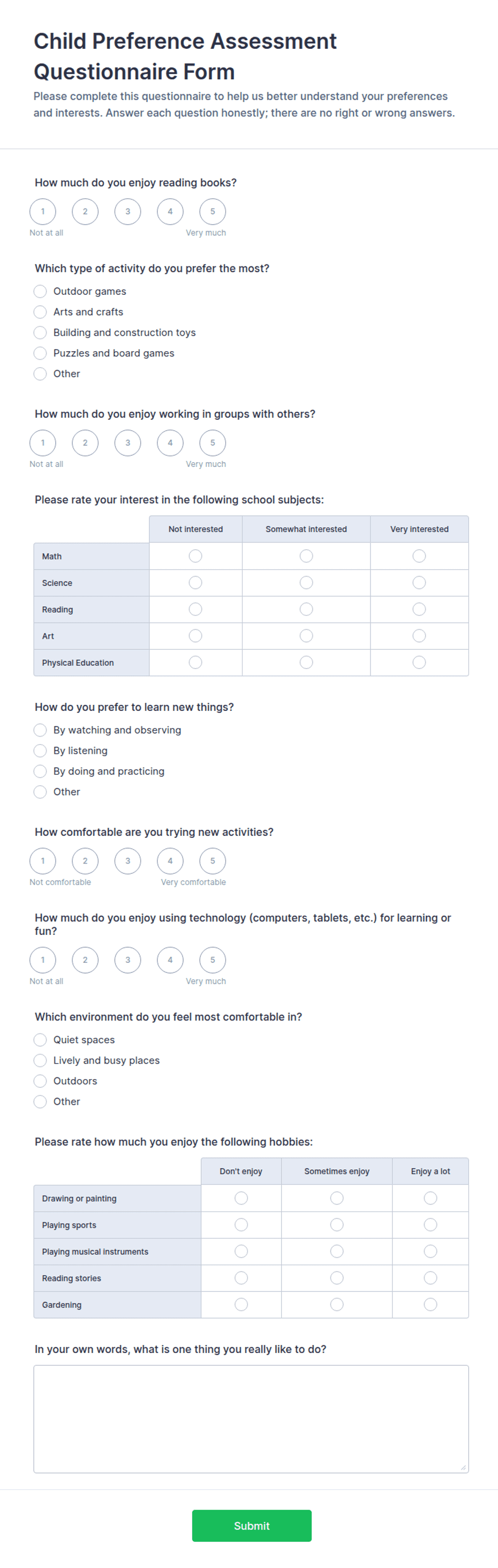 Child Preference Assessment Questionnaire Form Template | Jotform