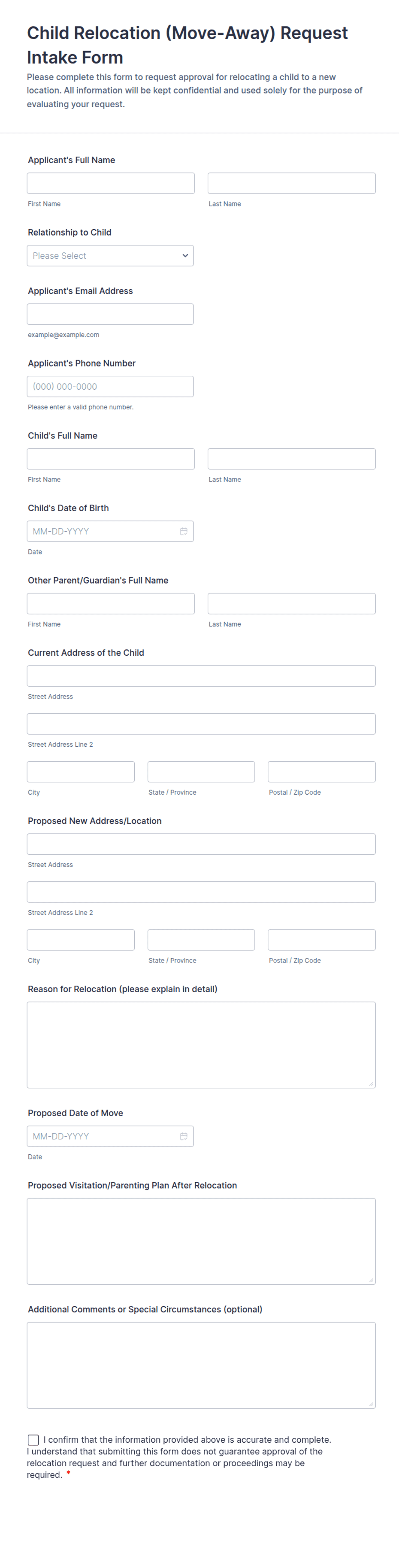 Child Relocation (Move-Away) Request Intake Form Template | Jotform