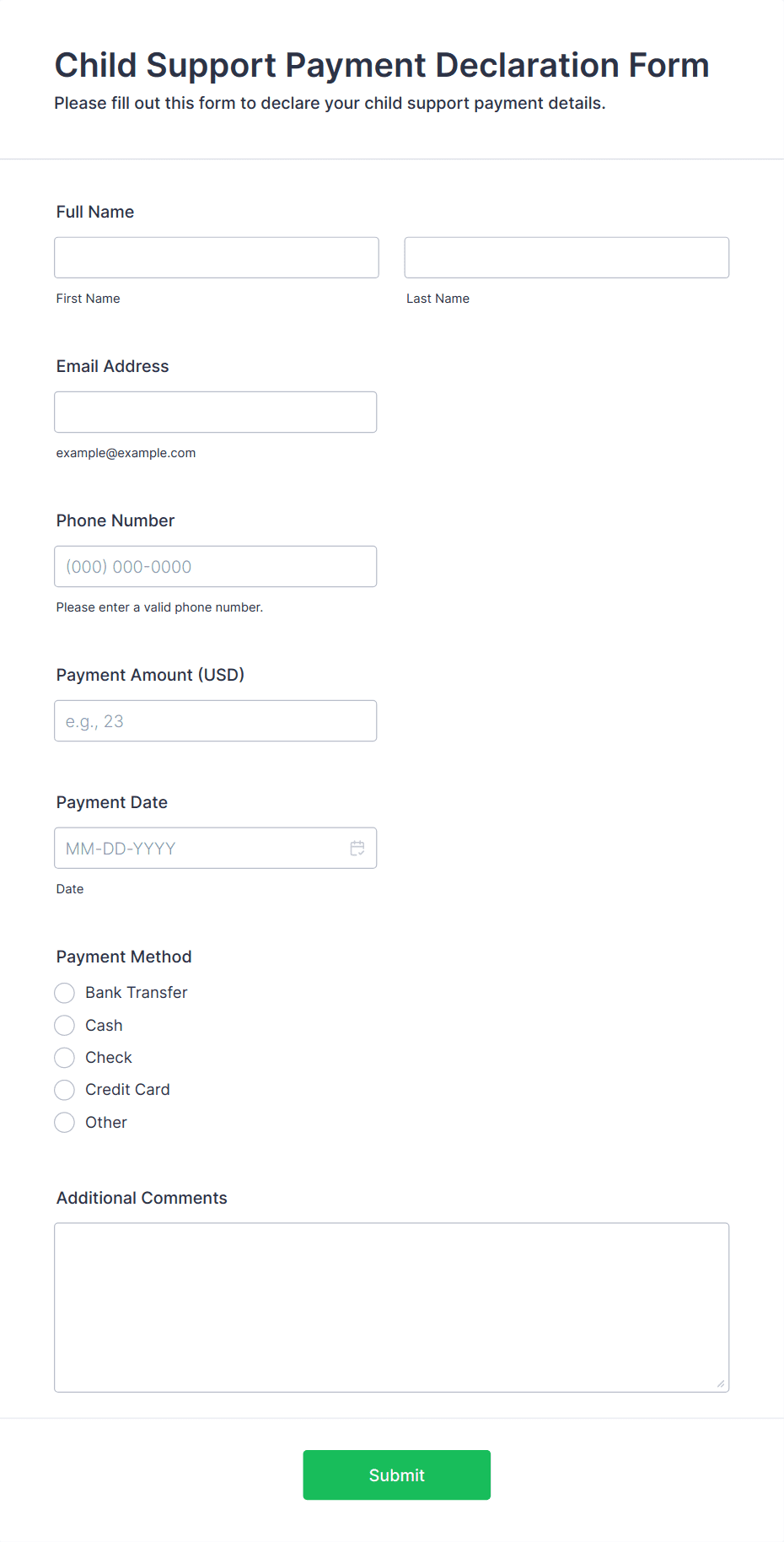 Child Support Payment Declaration Form Template | Jotform