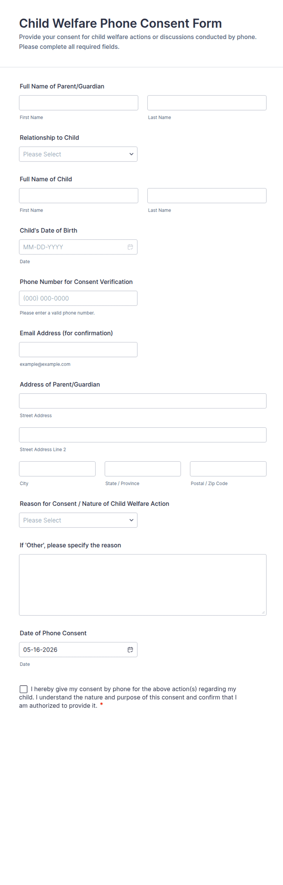 Child Welfare Phone Consent Form Template | Jotform