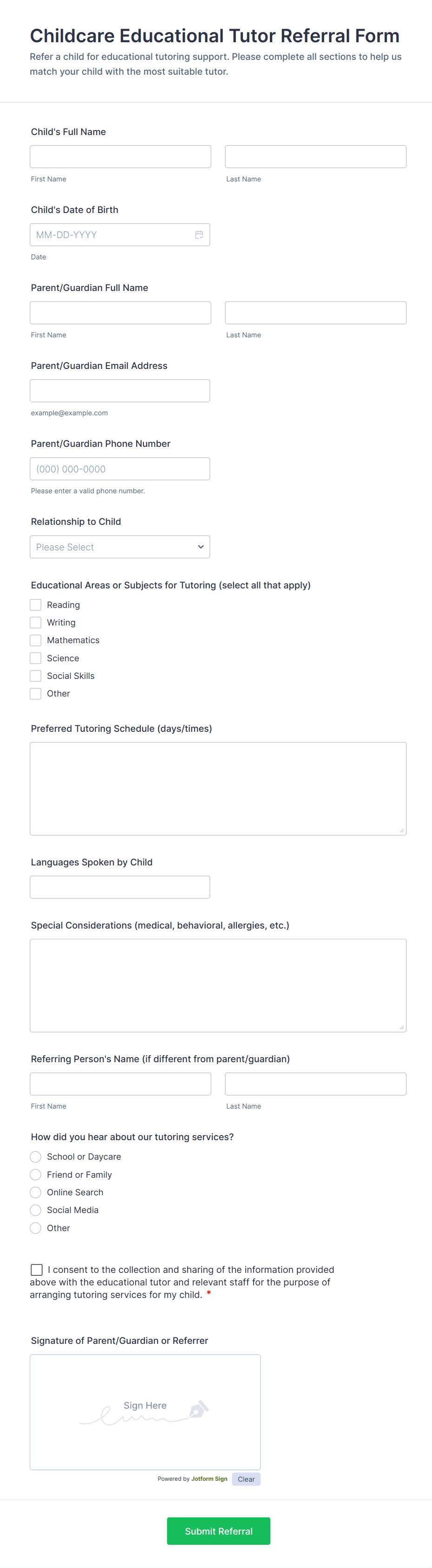 Childcare Educational Tutor Referral Form Form Template | Jotform