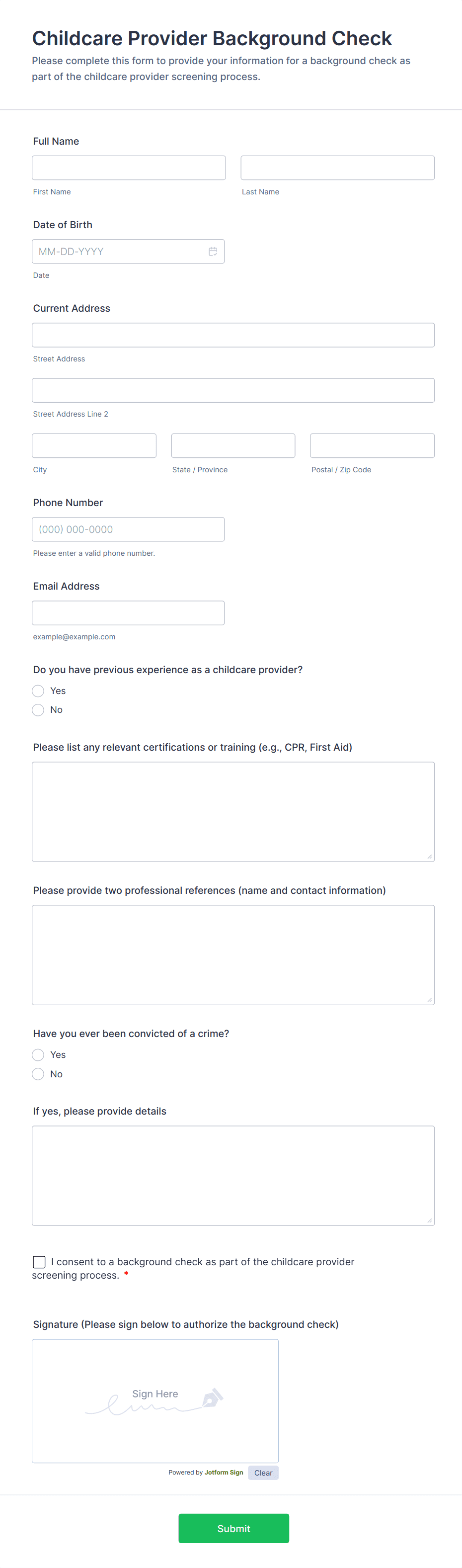 Childcare Provider Background Check Form Template | Jotform