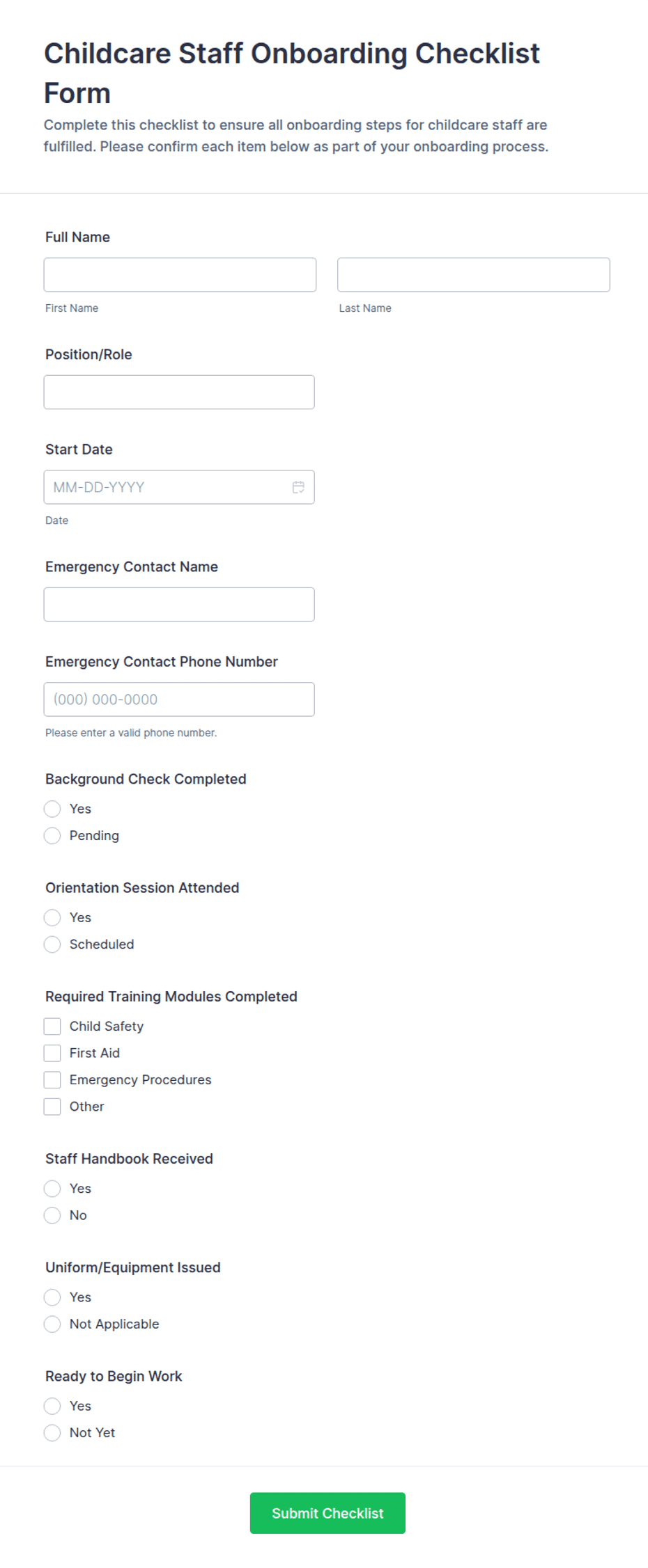 Childcare Staff Onboarding Checklist Form Template | Jotform
