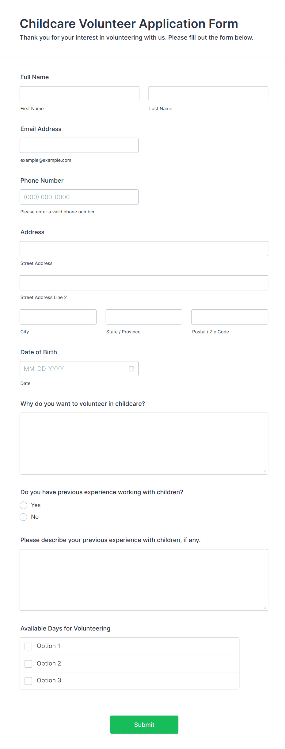 Childcare Volunteer Application Form Template | Jotform