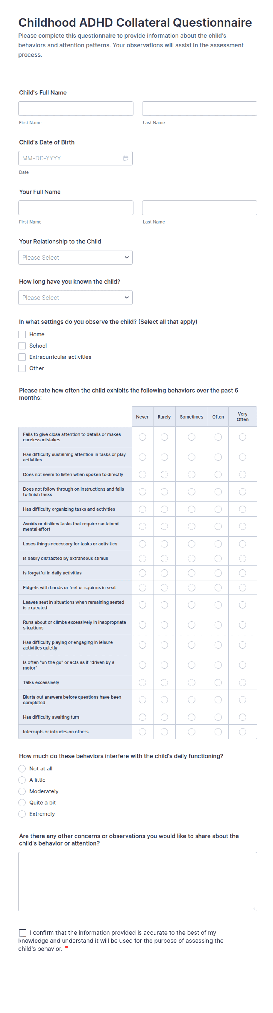 Childhood ADHD Collateral Questionnaire Form Template | Jotform