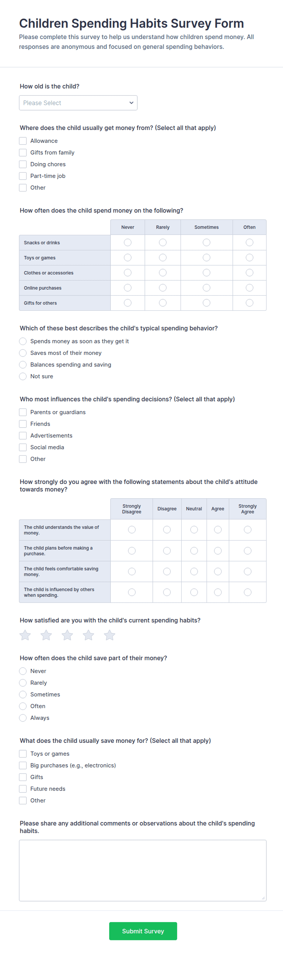 Children Spending Habits Survey Form Template | Jotform