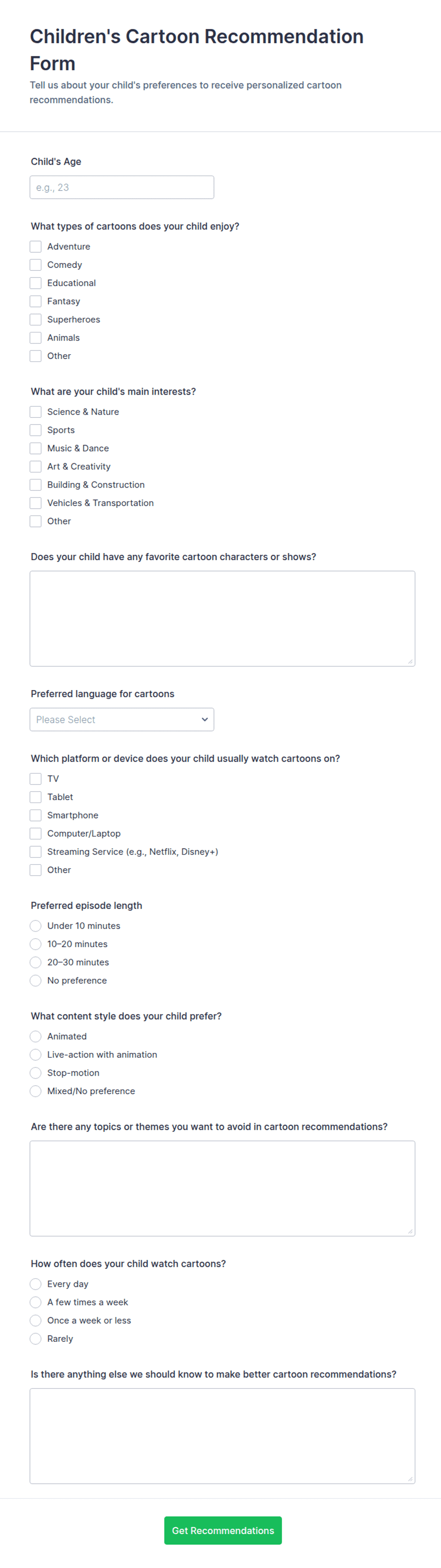 Children's Cartoon Recommendation Form Template | Jotform