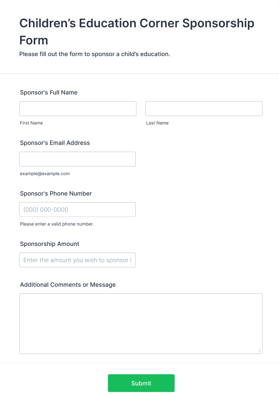 Children’s Education Corner Sponsorship Form Template | Jotform
