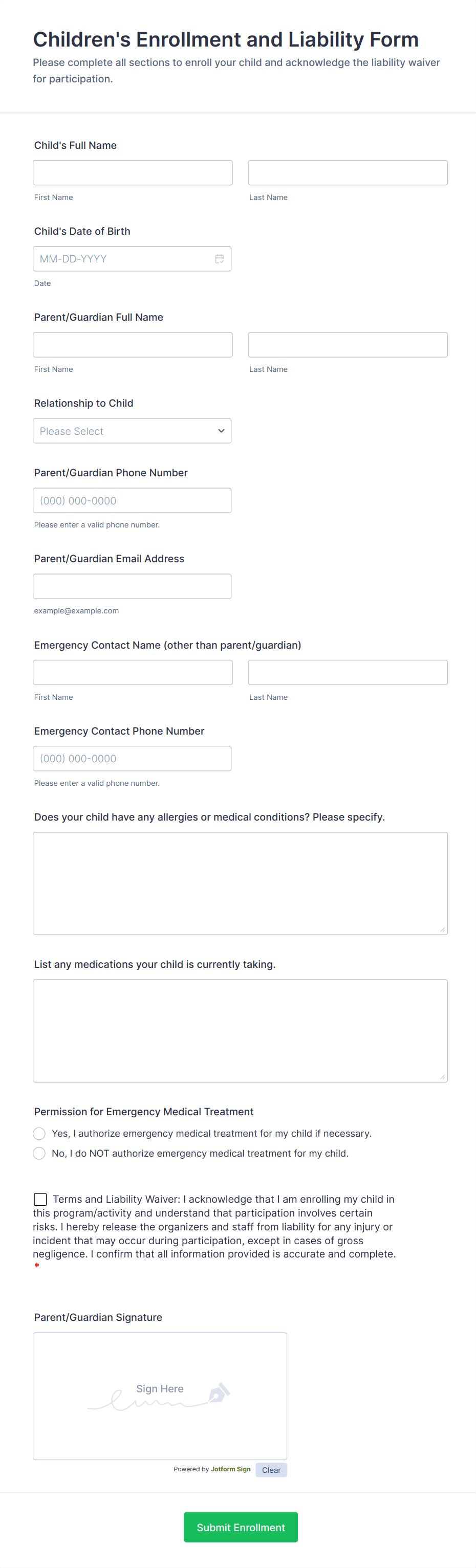 Children's Enrollment and Liability Form Template | Jotform