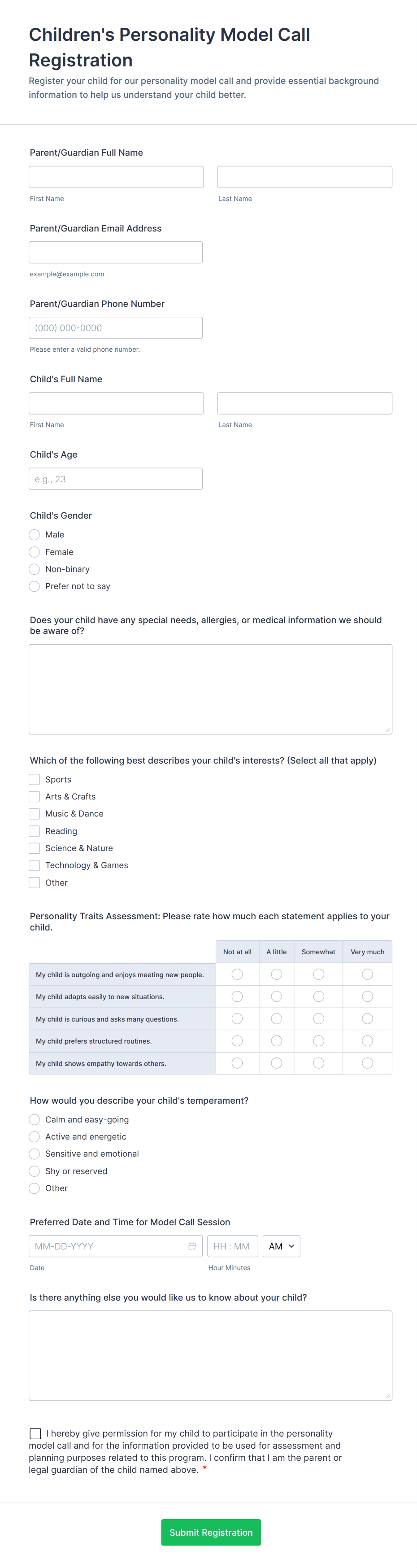 Children's Personality Model Call Registration Form Template | Jotform