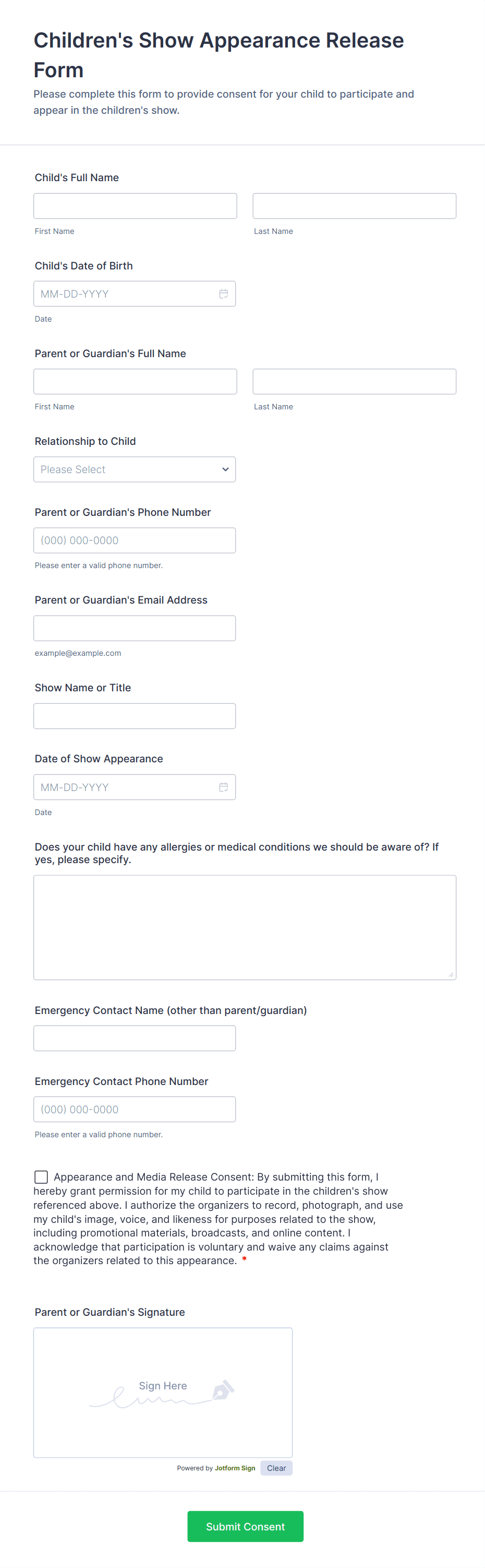 Children's Show Appearance Release Form Form Template | Jotform