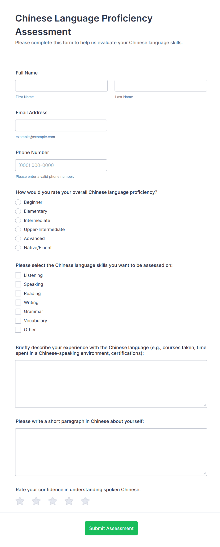 Chinese Language Proficiency Assessment Form Template | Jotform