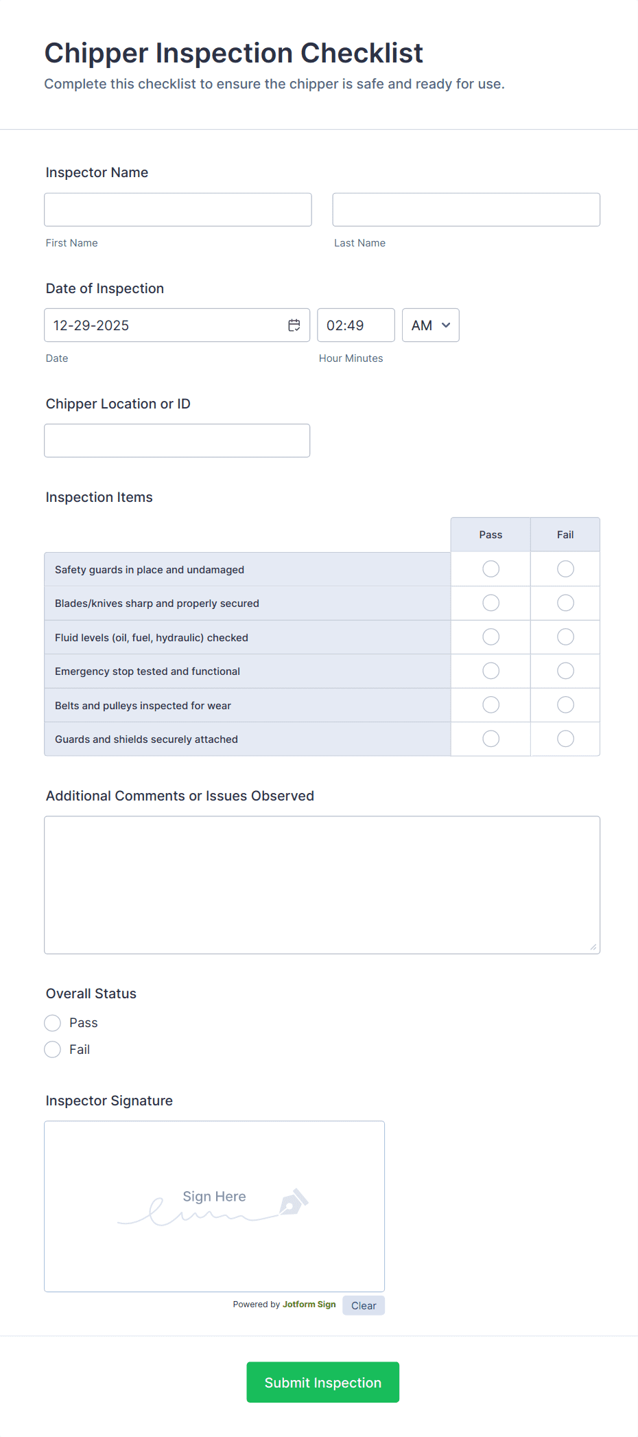 Chipper Inspection Checklist Form Template | Jotform