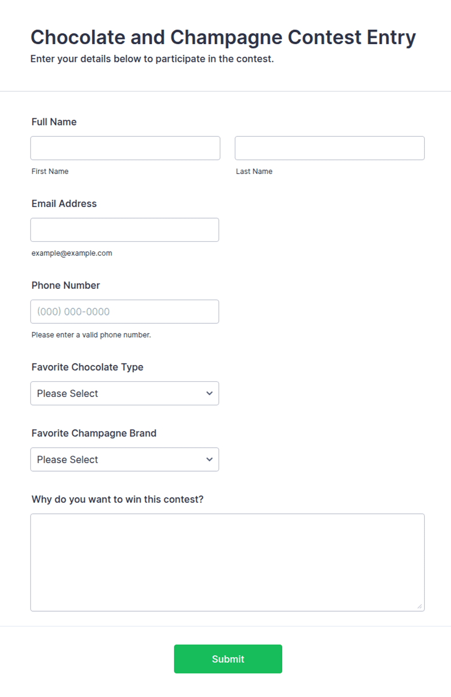 Chocolate and Champagne Contest Entry Form Template | Jotform