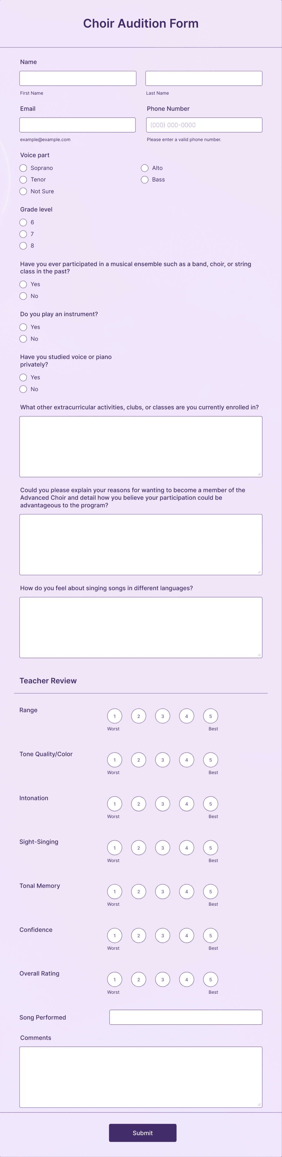 Choir Audition Form Template | Jotform