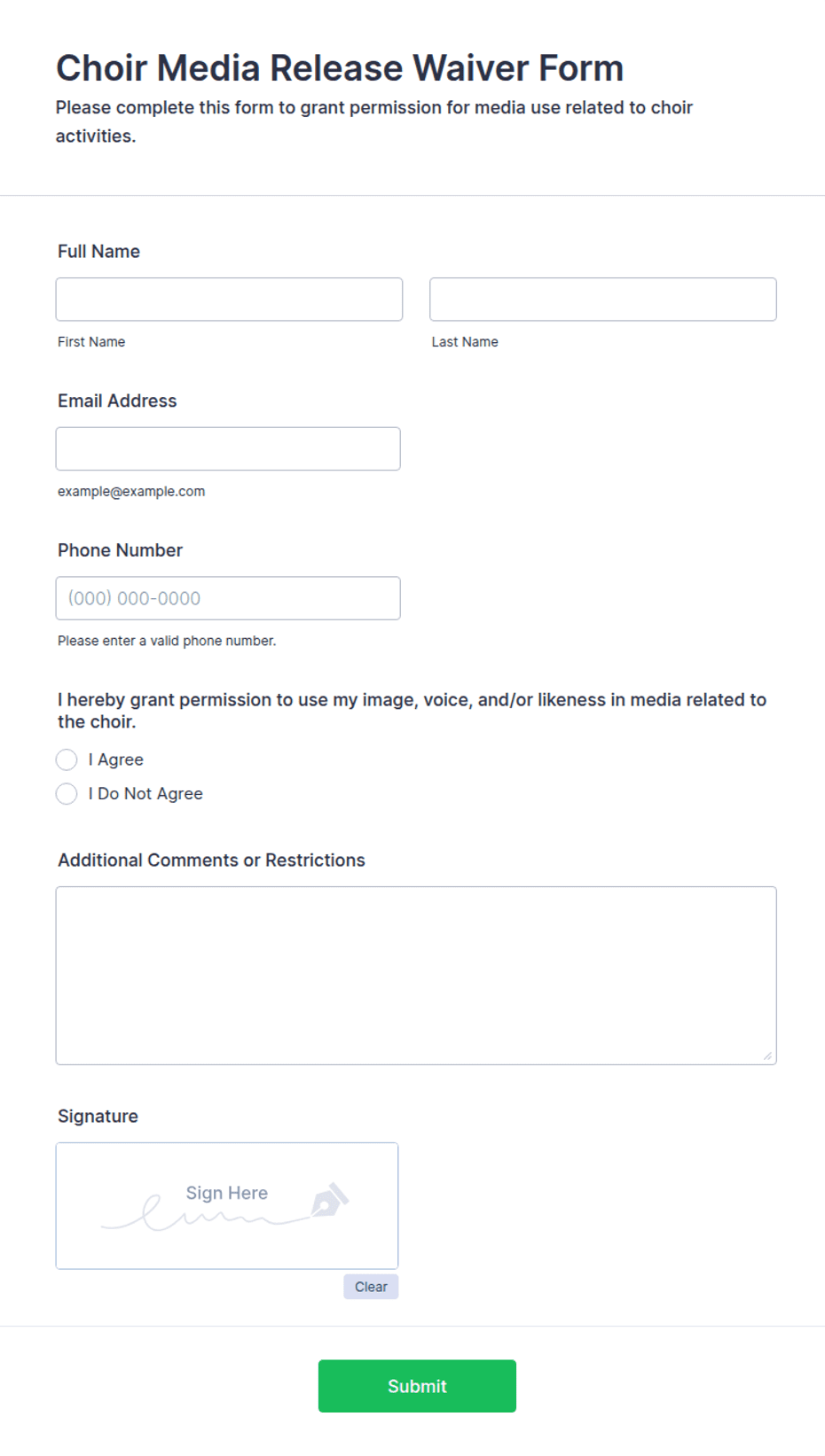 Choir Media Release Waiver Form Template | Jotform