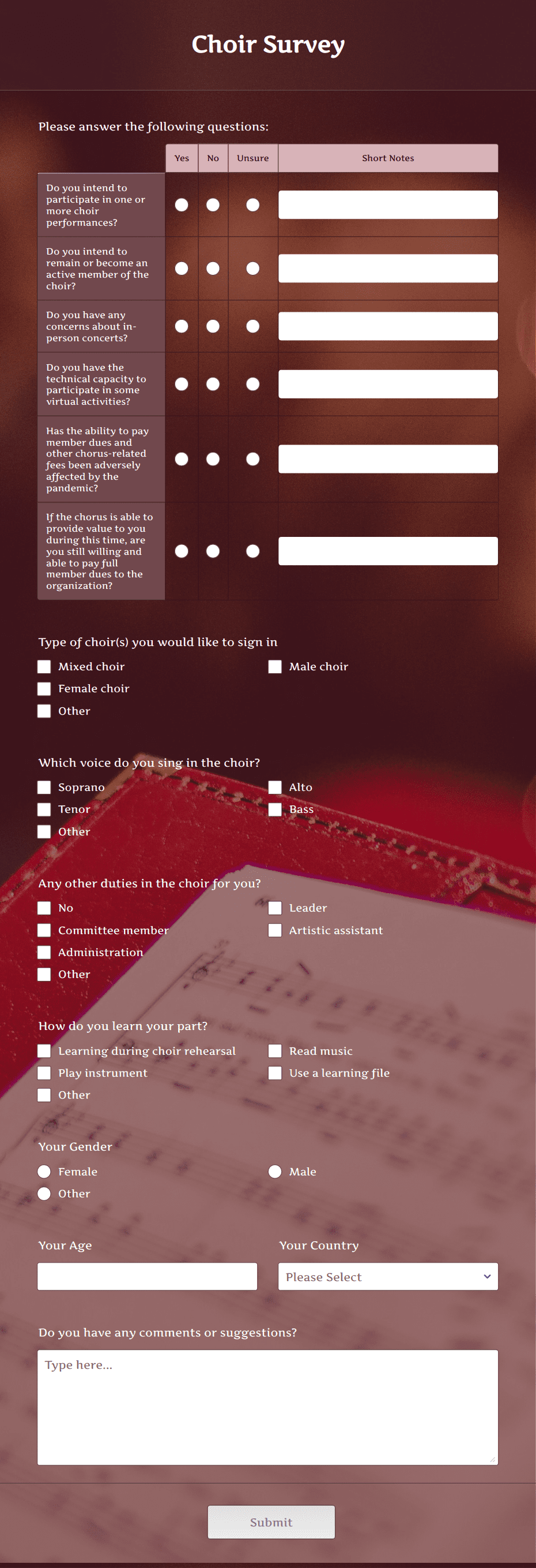 Choir Survey Form Template | Jotform