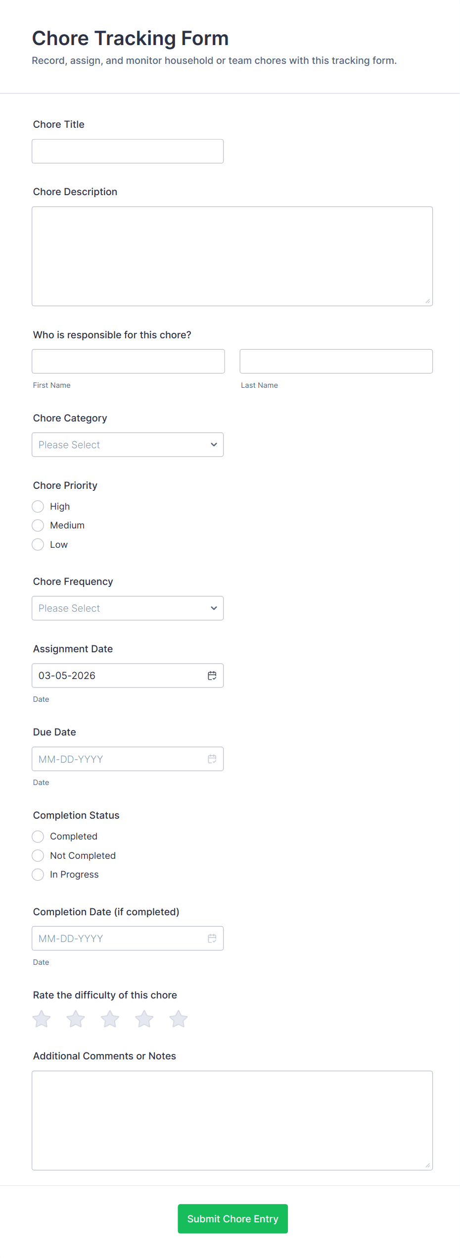 Chore Tracking Form Template | Jotform