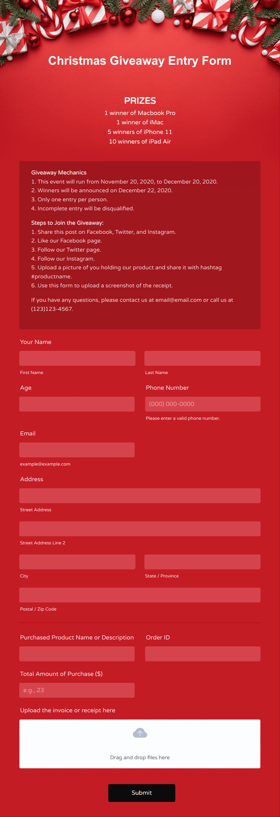 Christmas Giveaway Entry Form Template | Jotform