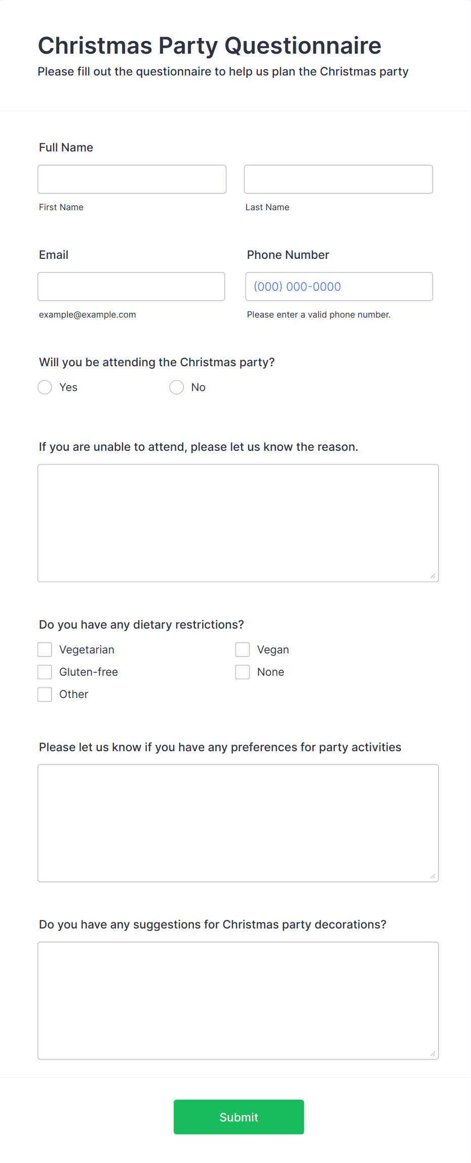 Christmas Party Questionnaire Form Template | Jotform