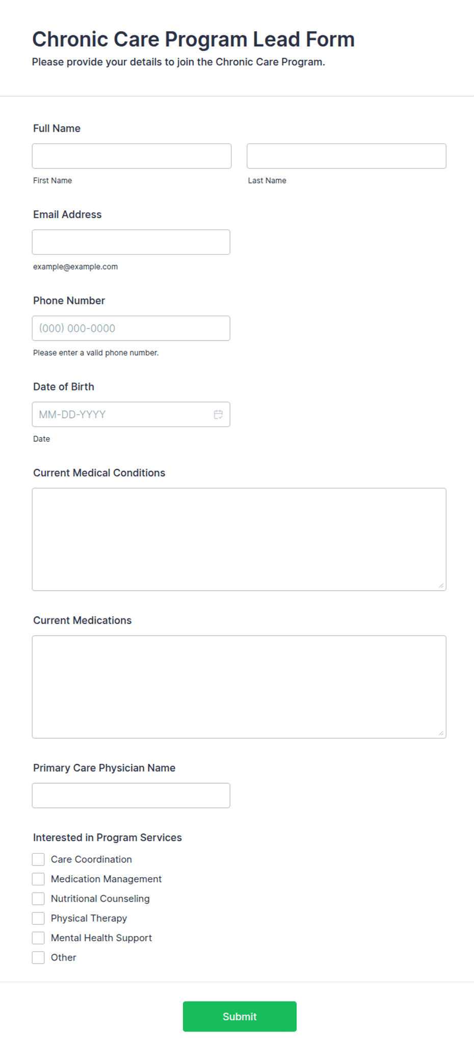 Chronic Care Program Lead Form Template | Jotform
