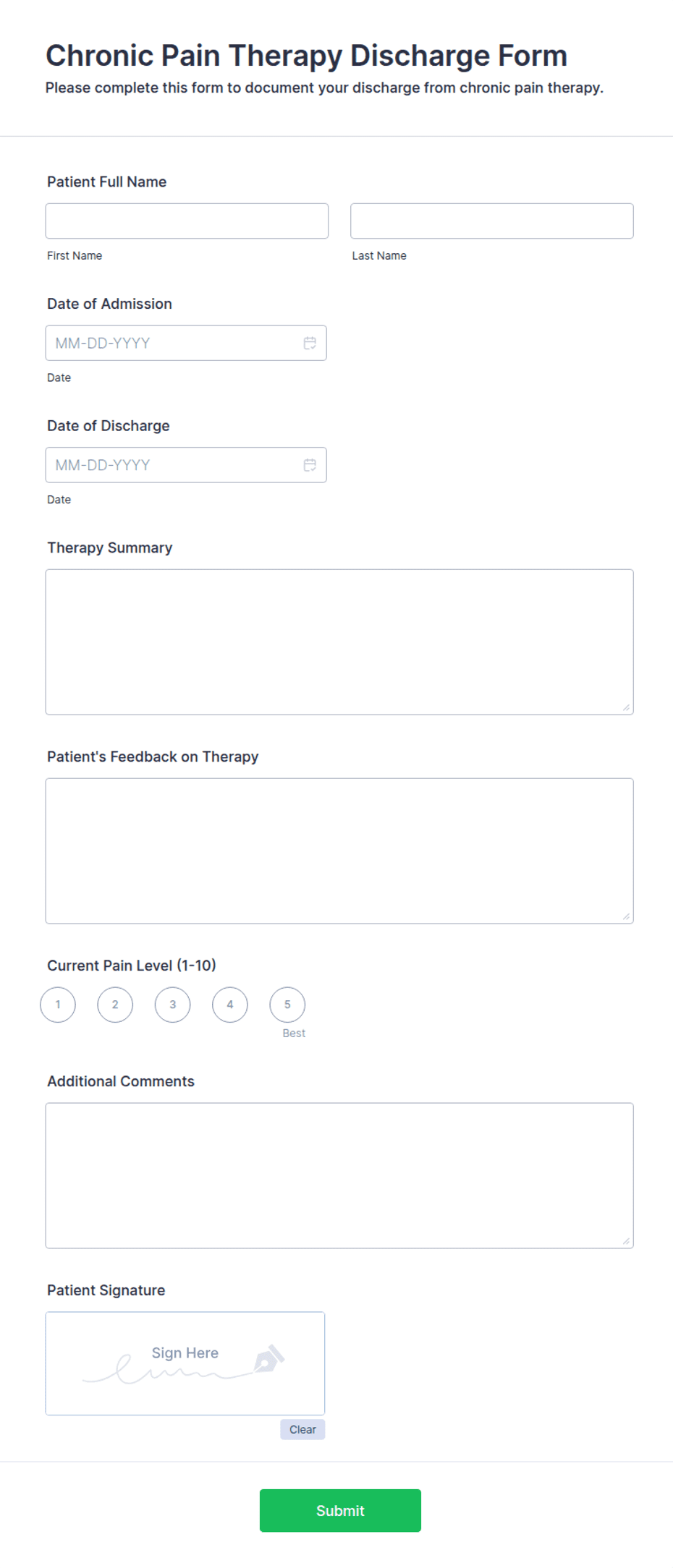 Chronic Pain Therapy Discharge Form Template | Jotform