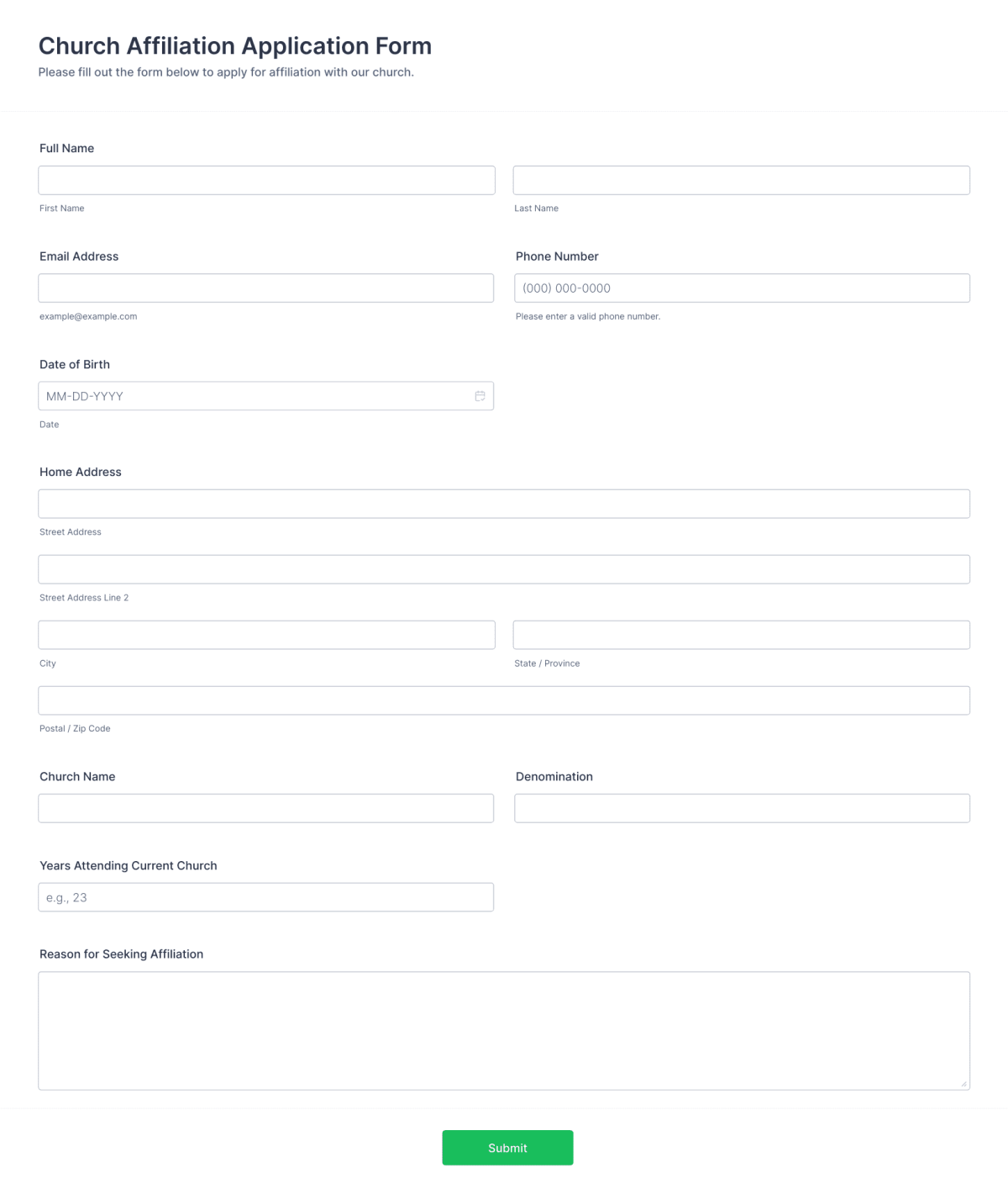 Church Affiliation Application Form Template | Jotform