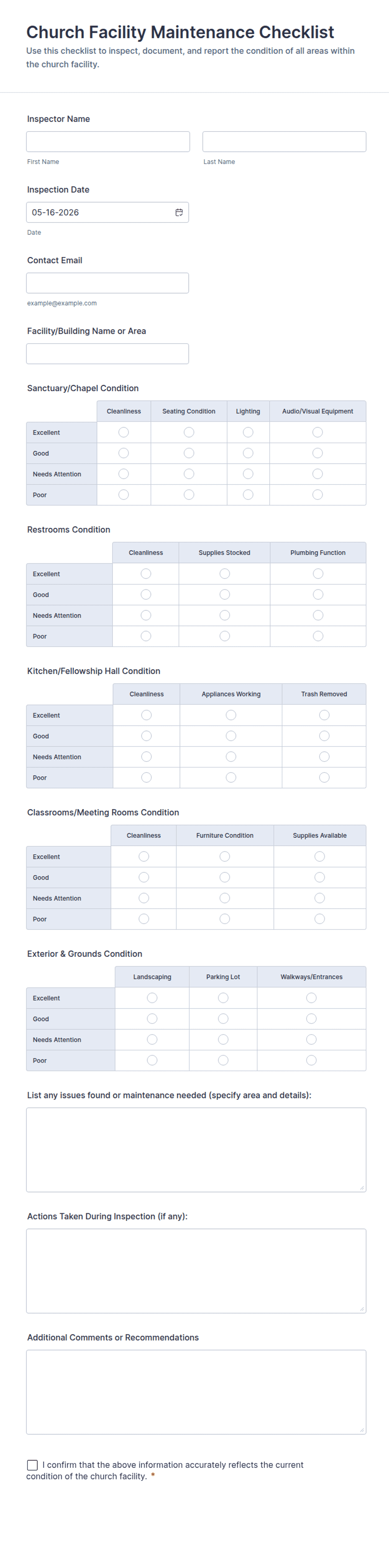 Church Facility Maintenance Checklist Form Template | Jotform
