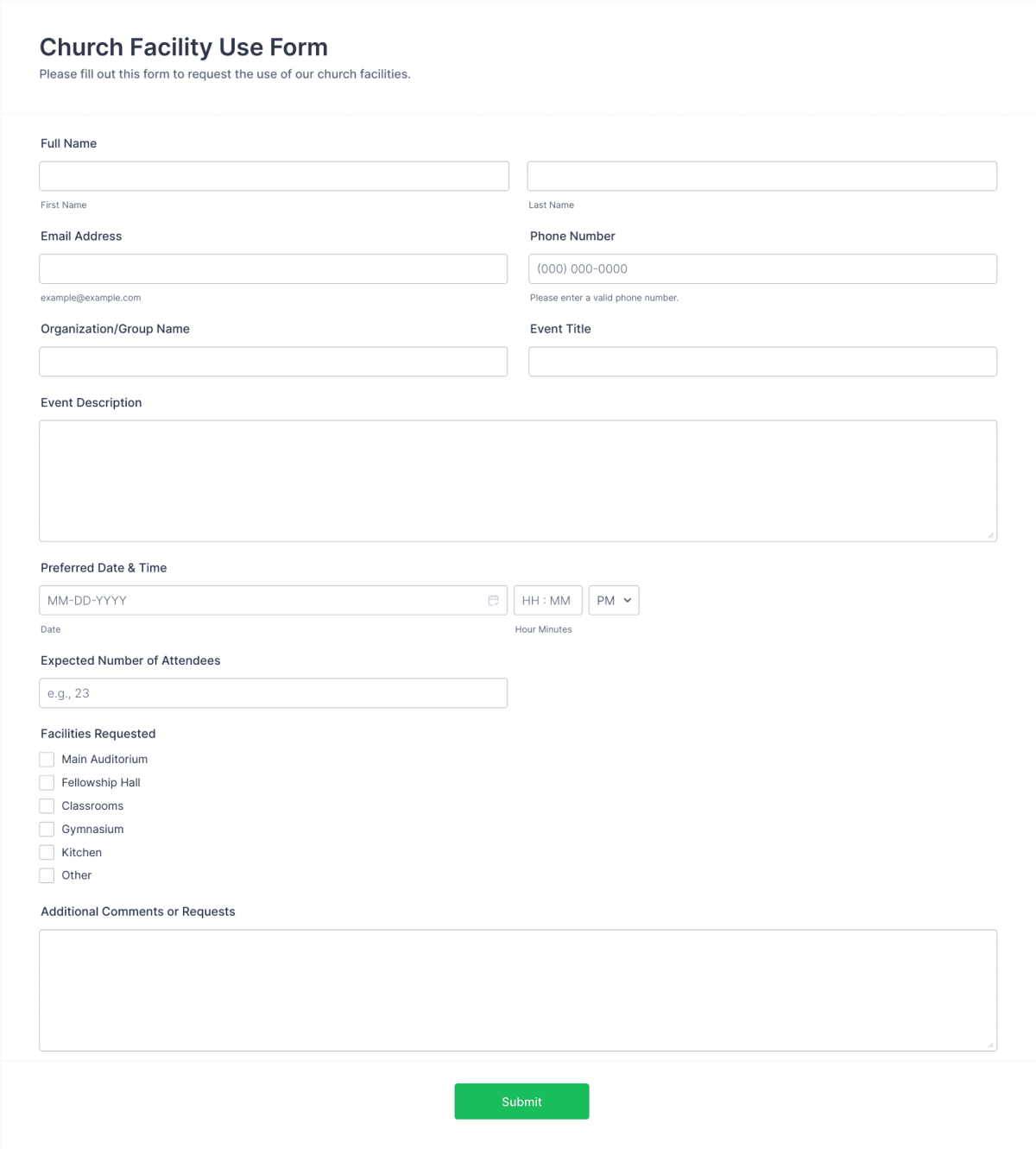 Church Facility Use Form Template | Jotform