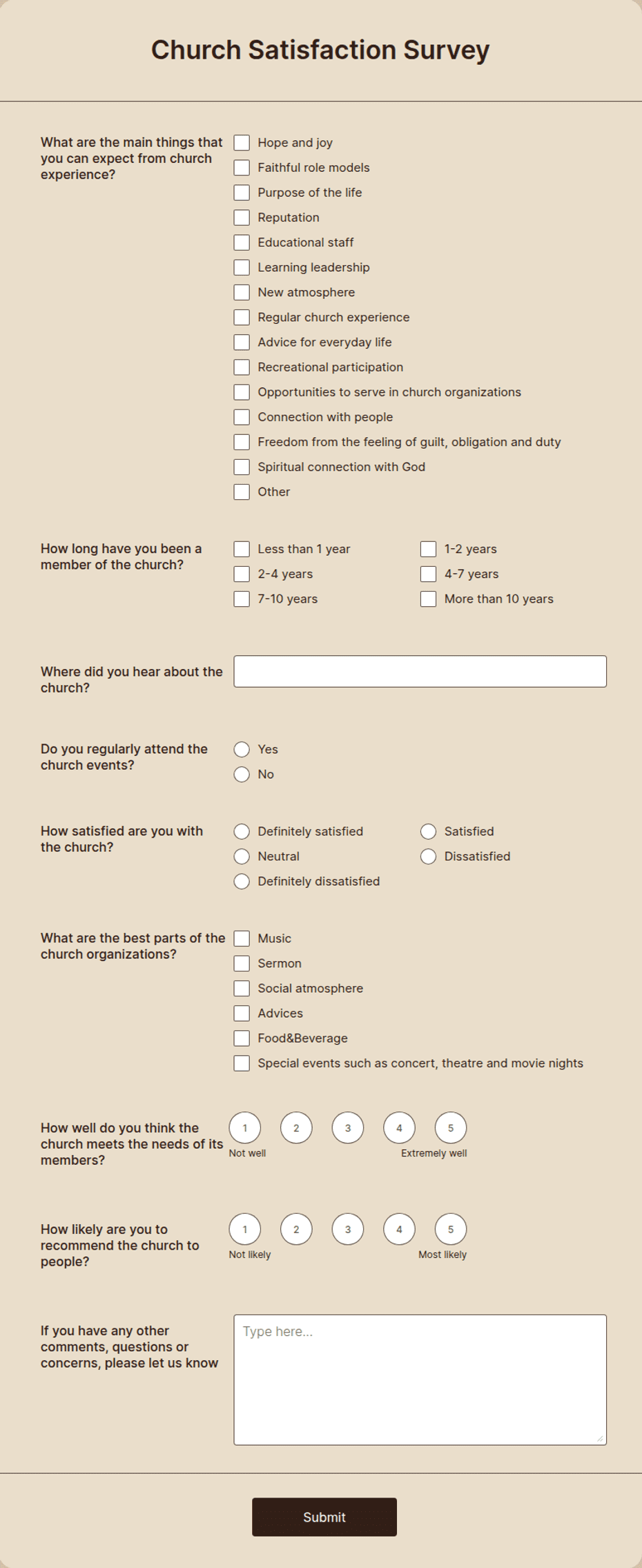 Church Satisfaction Survey Form Template | Jotform