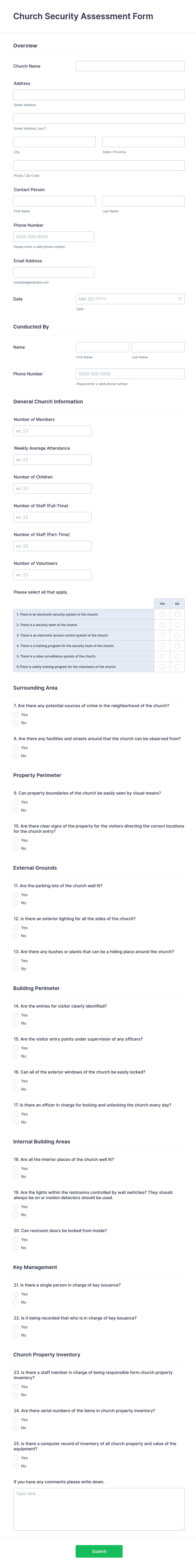 Church Security Assessment Form Template | Jotform