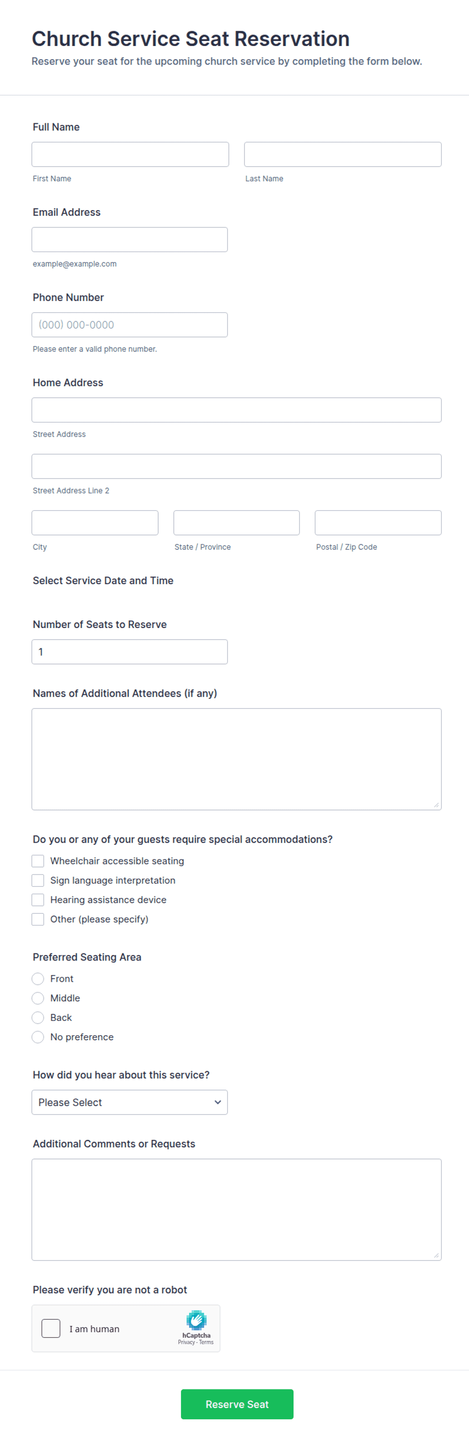 Church Service Seat Reservation Form Template | Jotform