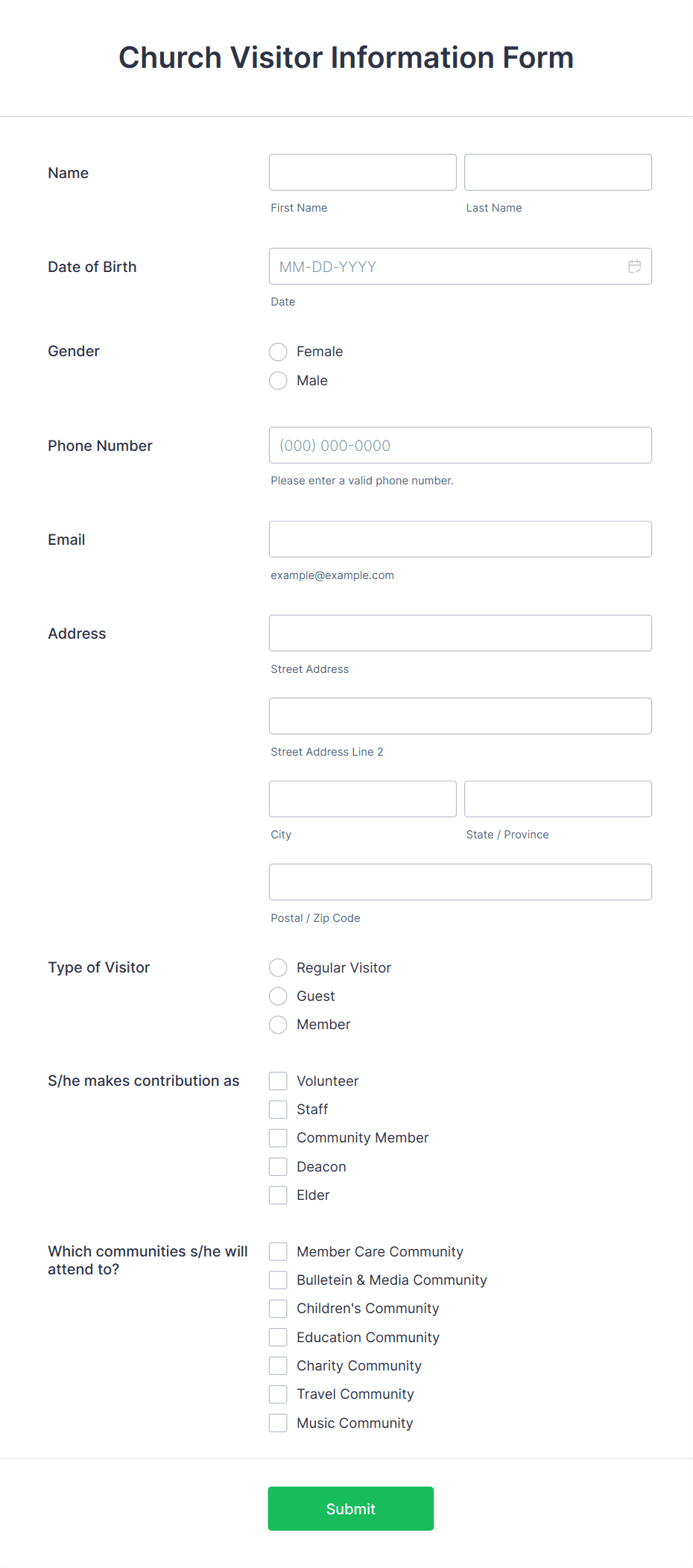Church Visitor Information Form Template | Jotform