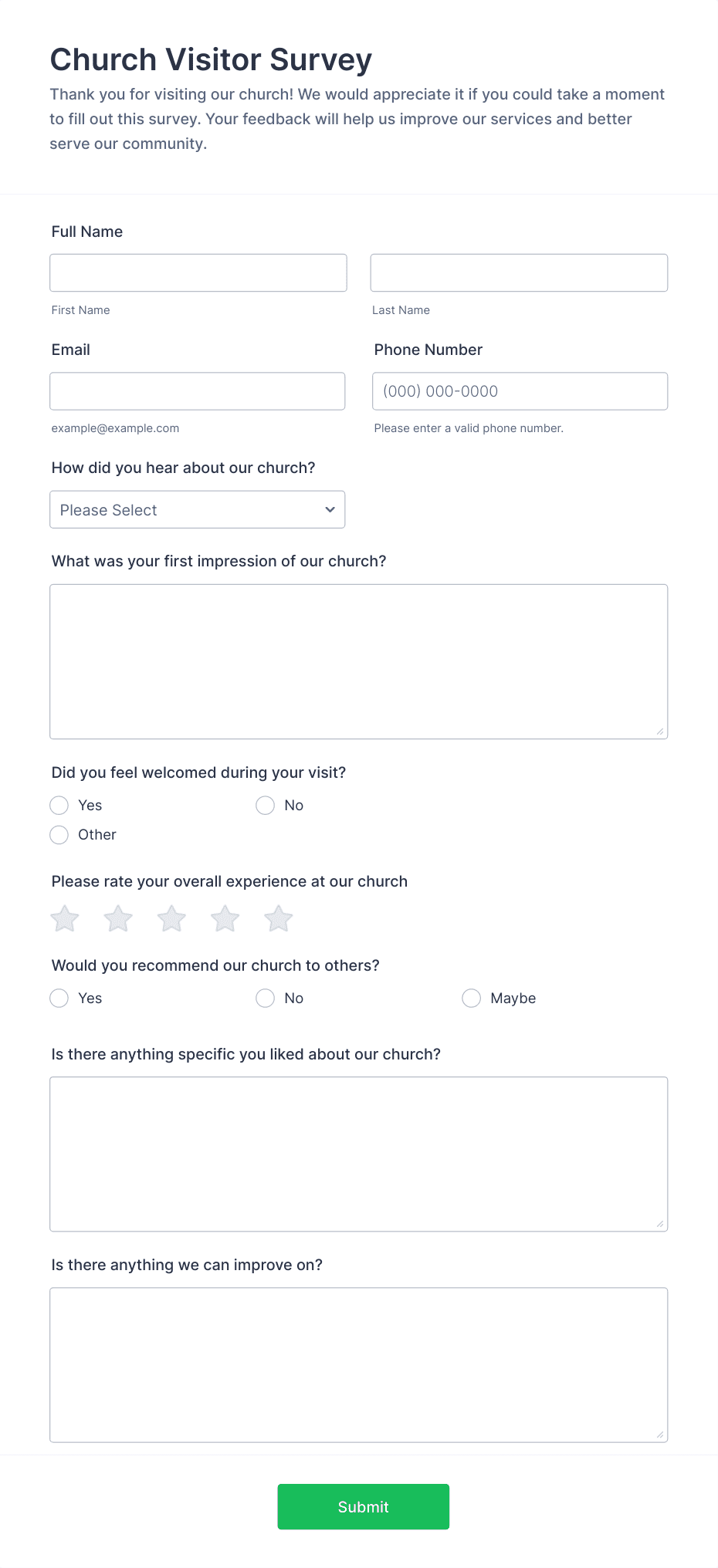 Church Visitor Survey Form Template | Jotform