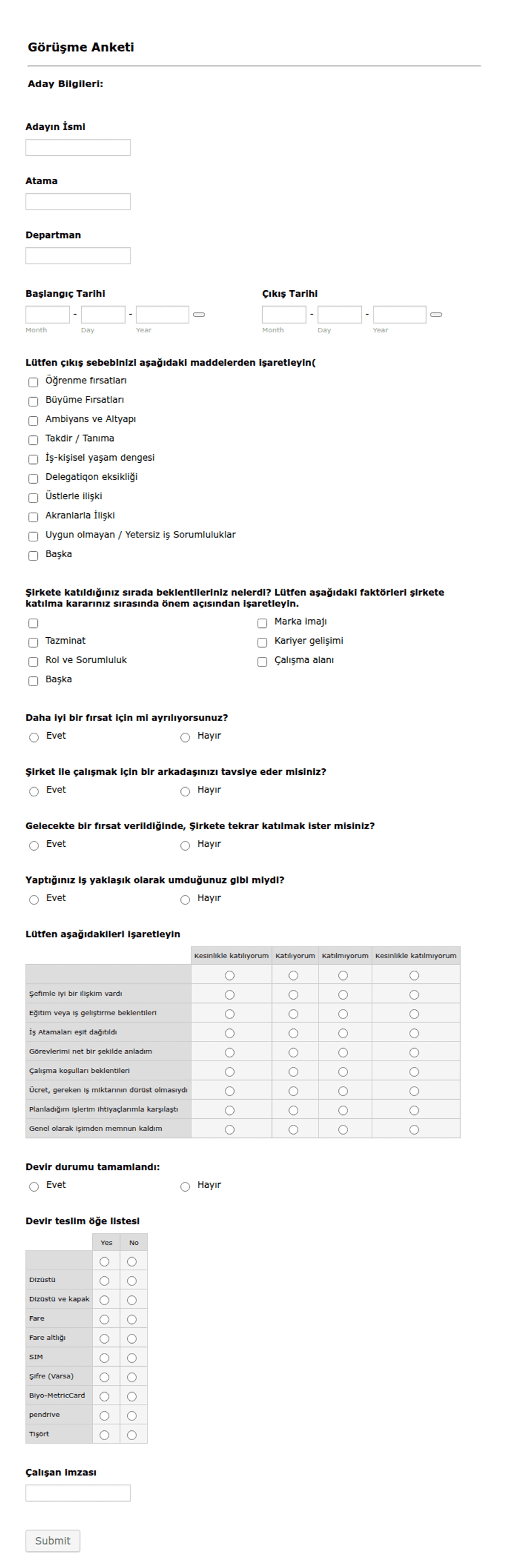 Çıkış Mülakatı Anket Form Şablonu | Jotform