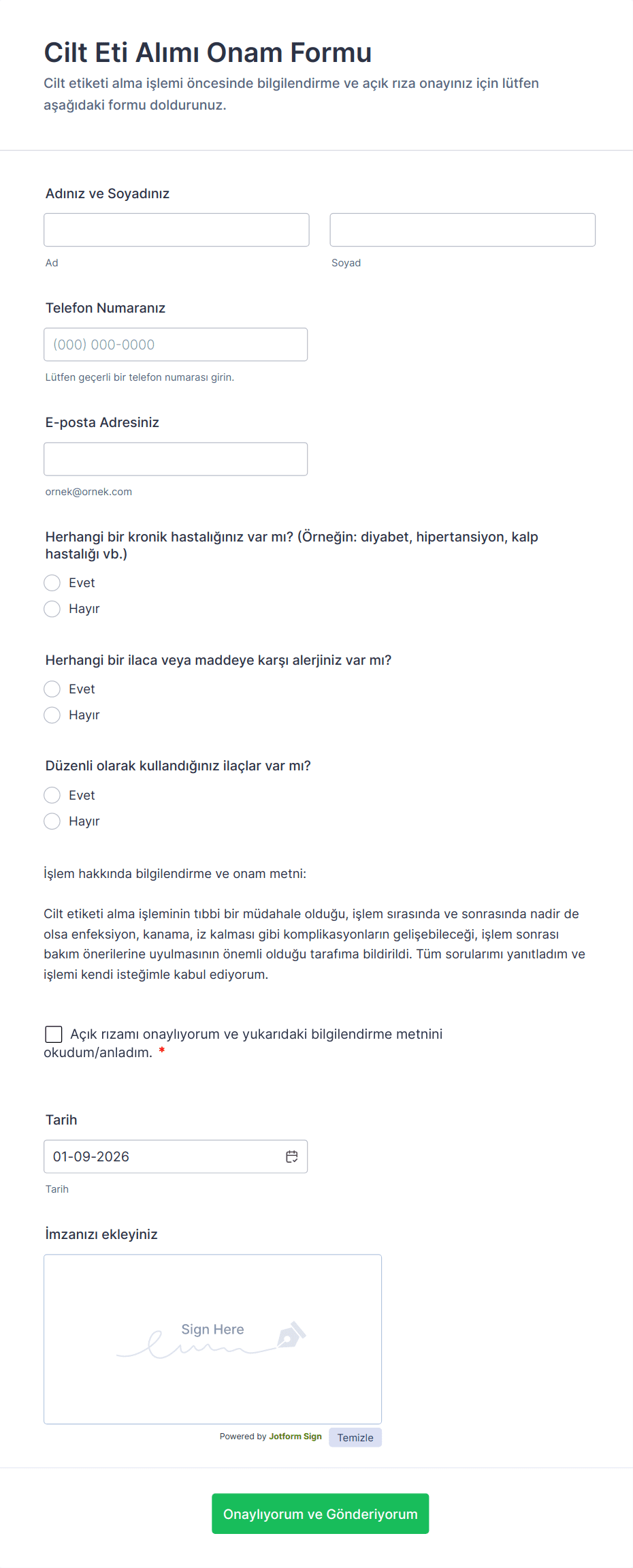 Cilt Eti Alımı Onam Form Şablonu | Jotform