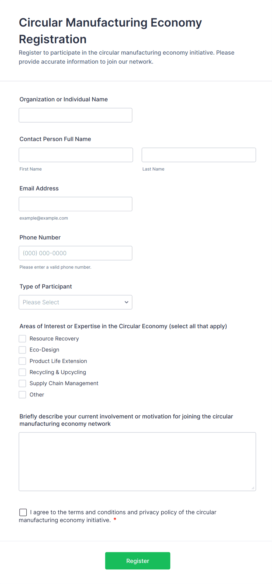 Circular Manufacturing Economy Registration Form Template | Jotform