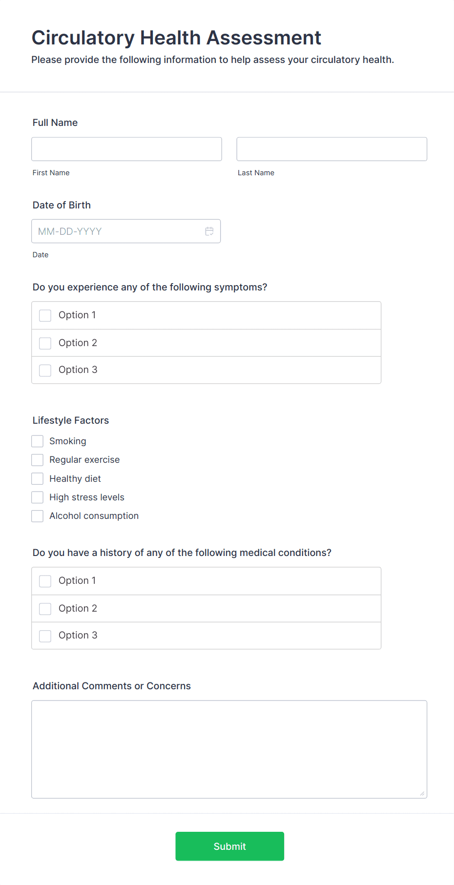 Circulatory Health Assessment Form Template | Jotform