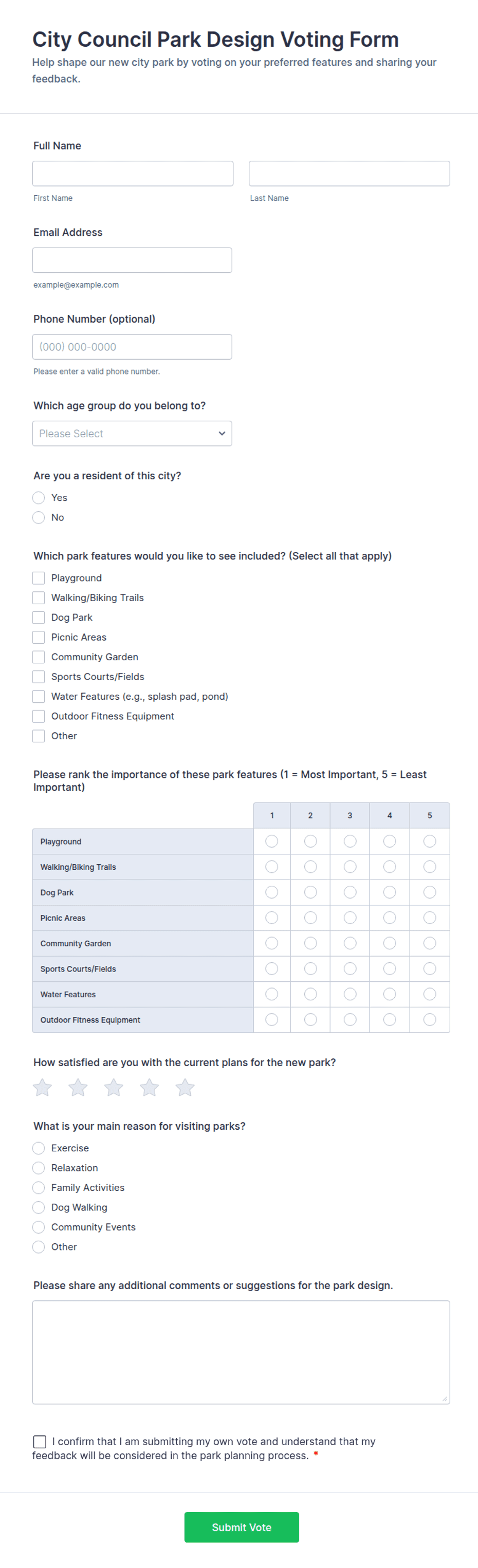 City Council Park Design Voting Form Template | Jotform