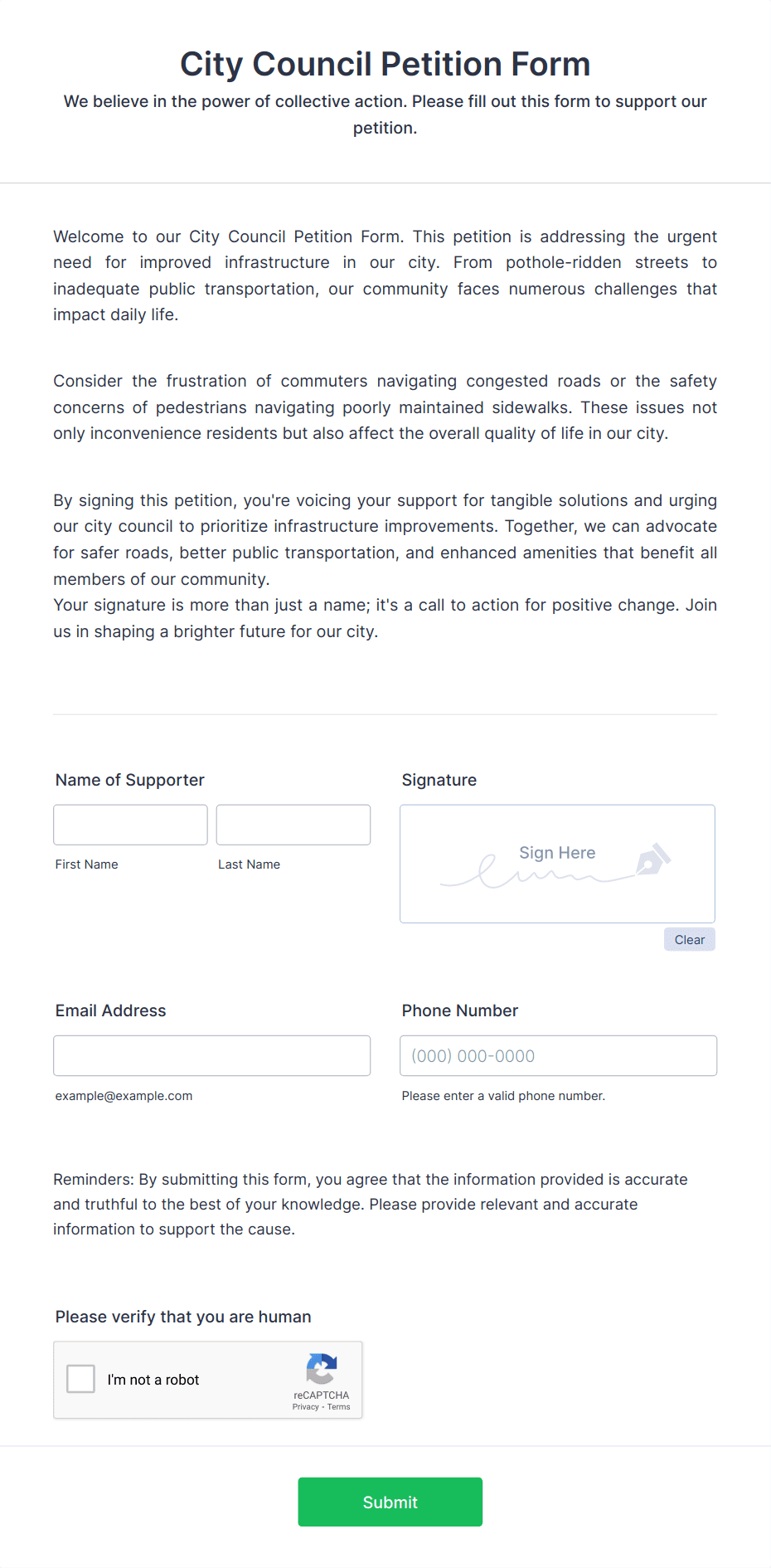 City Council Petition Form Template | Jotform