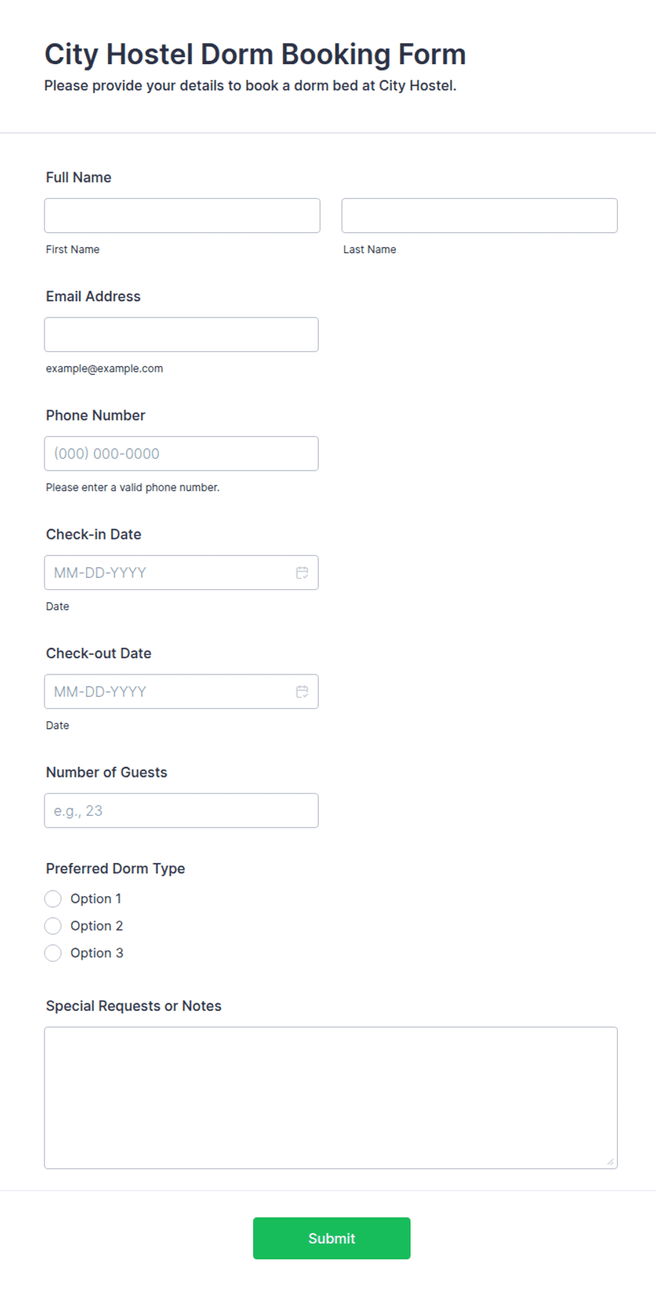 City Hostel Dorm Booking Form Template | Jotform