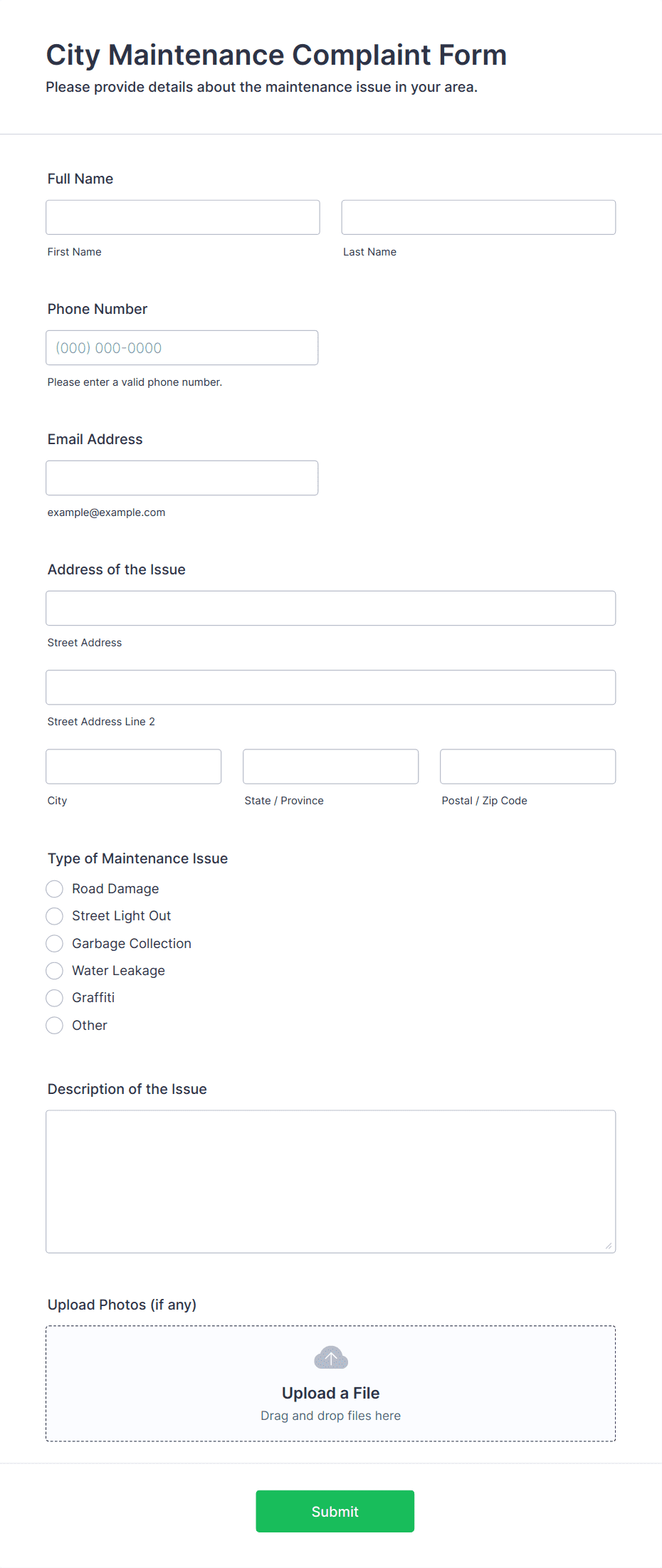 City Maintenance Complaint Form Template | Jotform