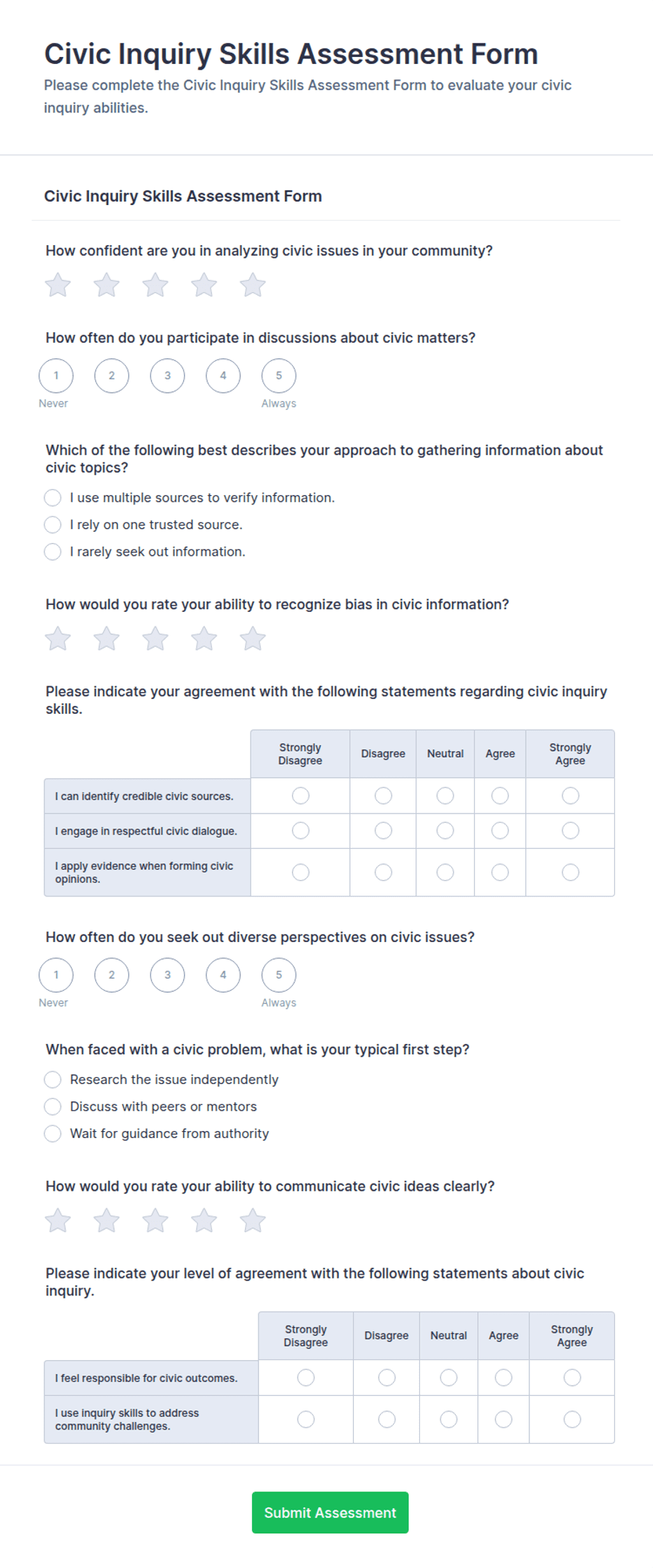 Civic Inquiry Skills Assessment Form Template | Jotform