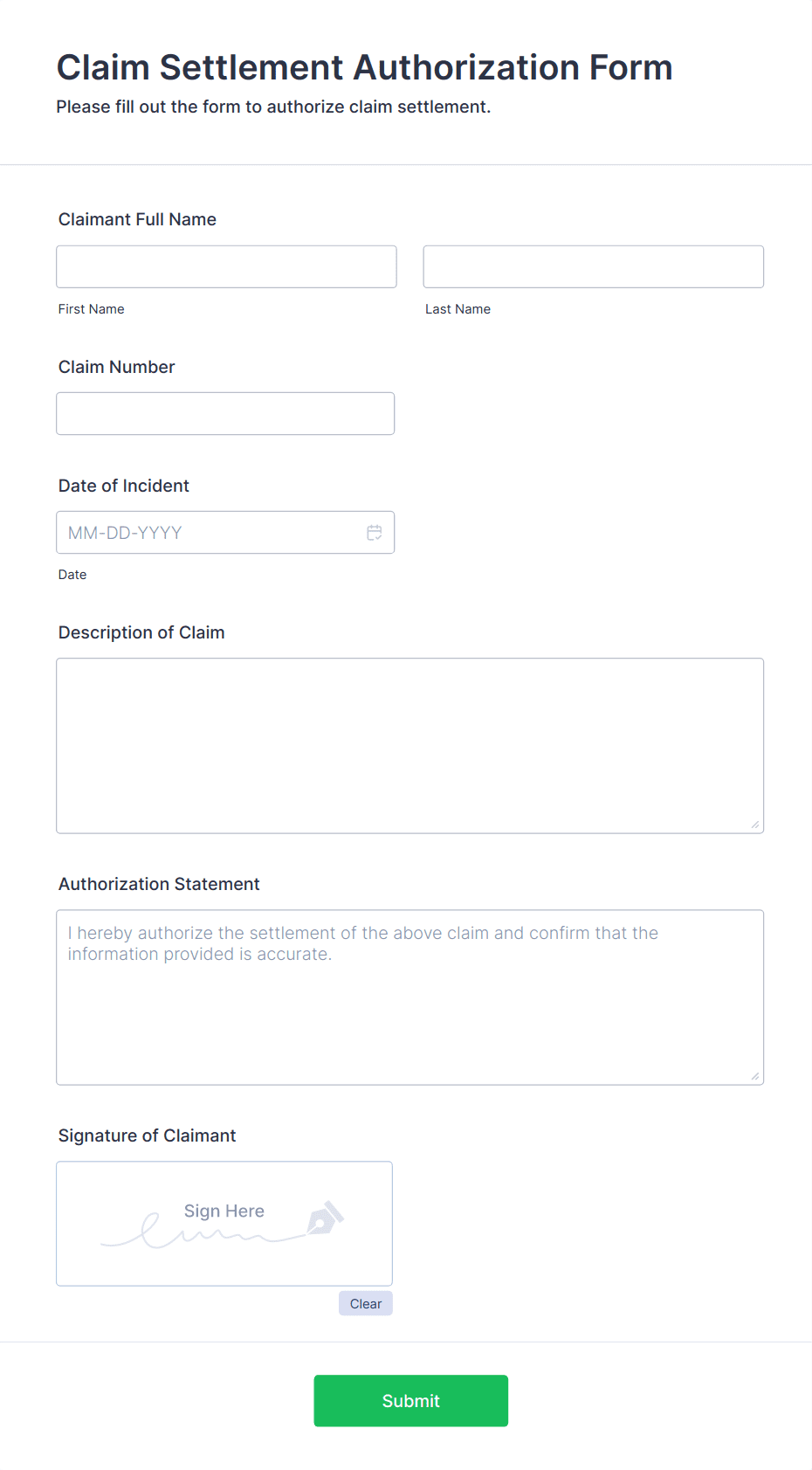Claim Settlement Authorization Form Template | Jotform