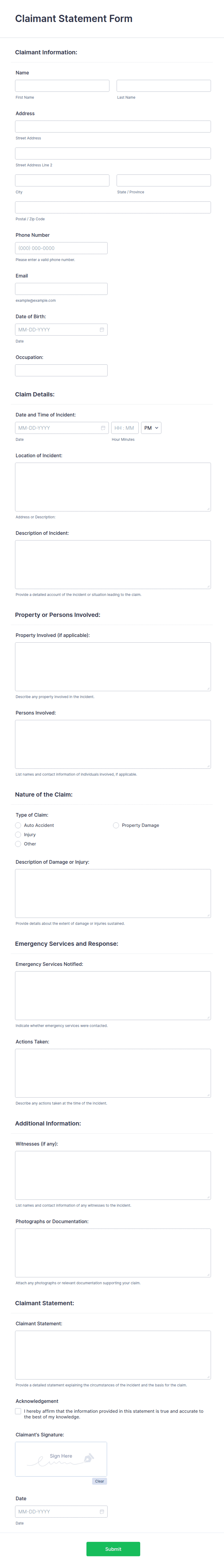 Claimant Statement Form Template | Jotform