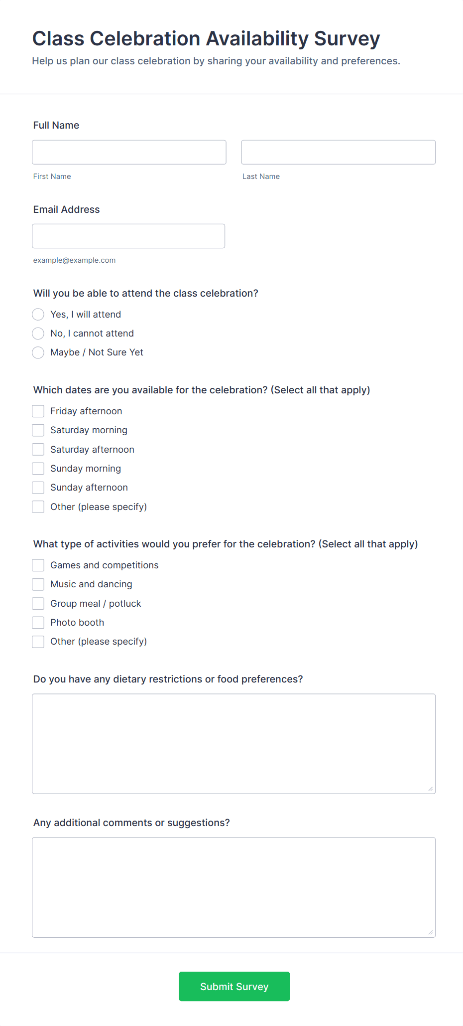 Class Celebration Availability Survey Form Template | Jotform