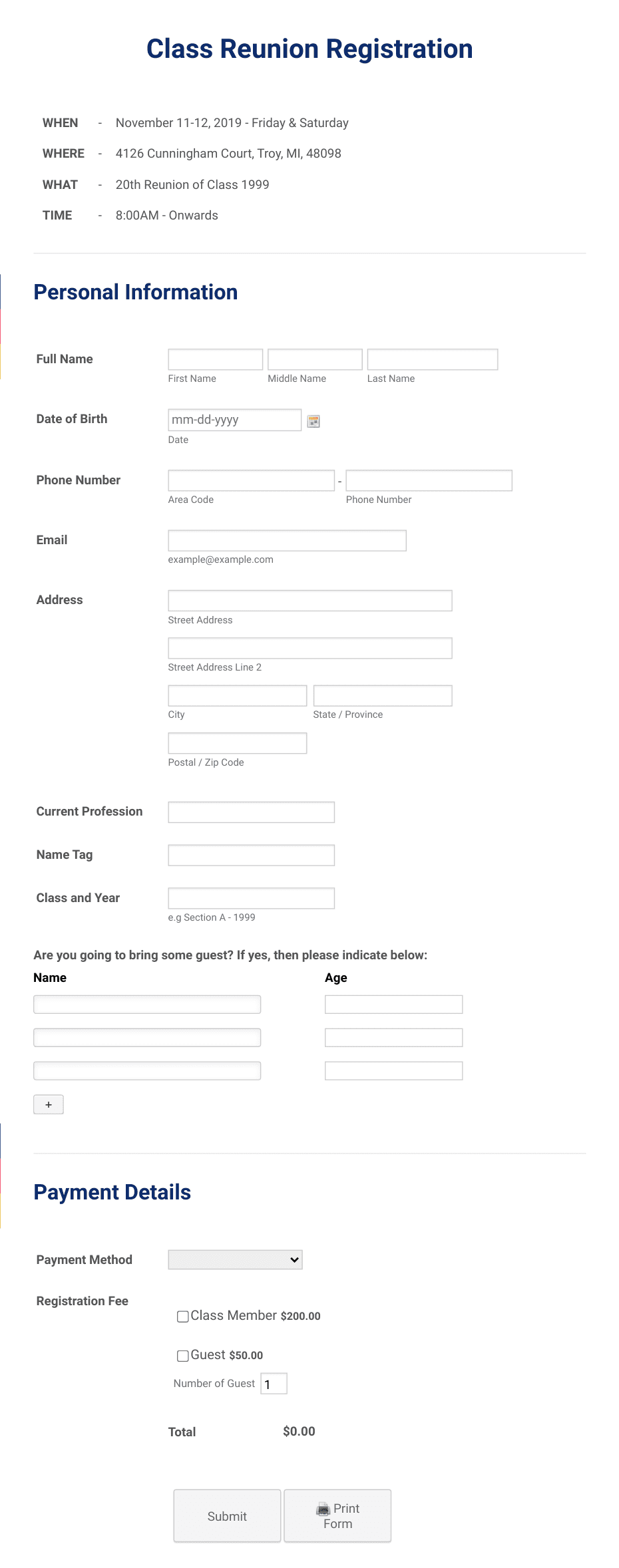 Class Reunion Registration Form Template | Jotform